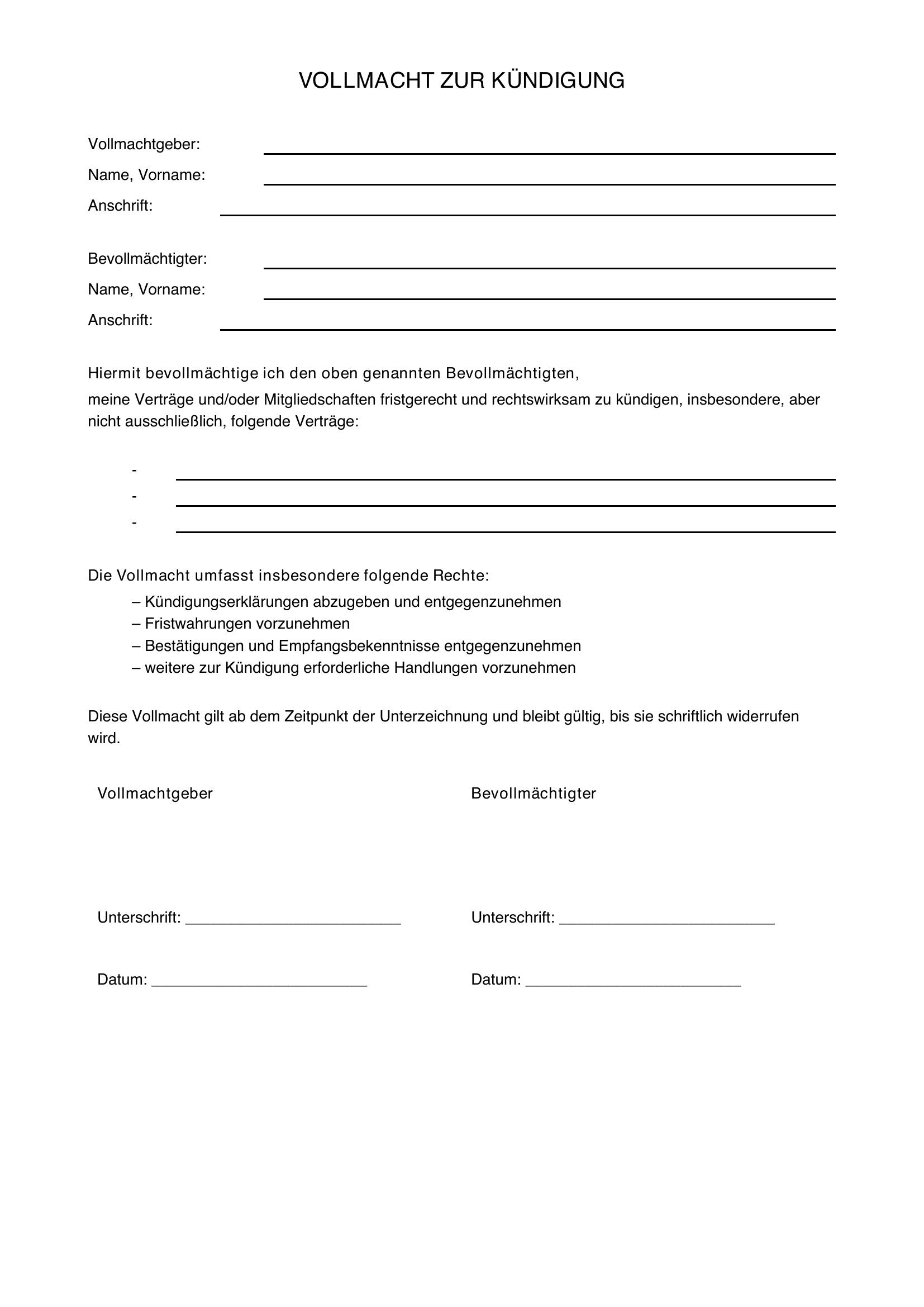 Vollmacht Kündigung Vorlage